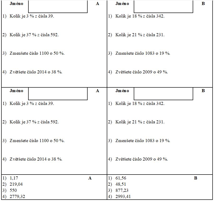 Procenta - generátory testů - Matematika | UčiteléUčitelům.cz
