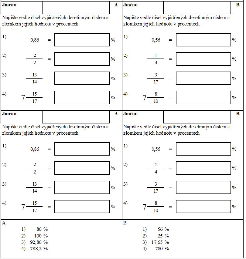 Procenta - generátory testů - Matematika | UčiteléUčitelům.cz