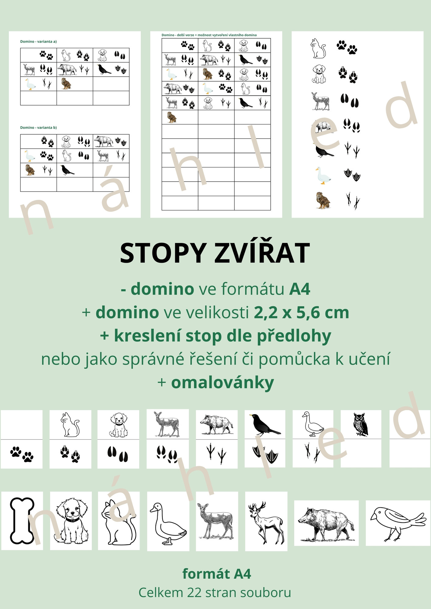 Stopy zvířat - omalovánkové domino (A4 + 2,2 x 5,6 cm), kreslení dle ...
