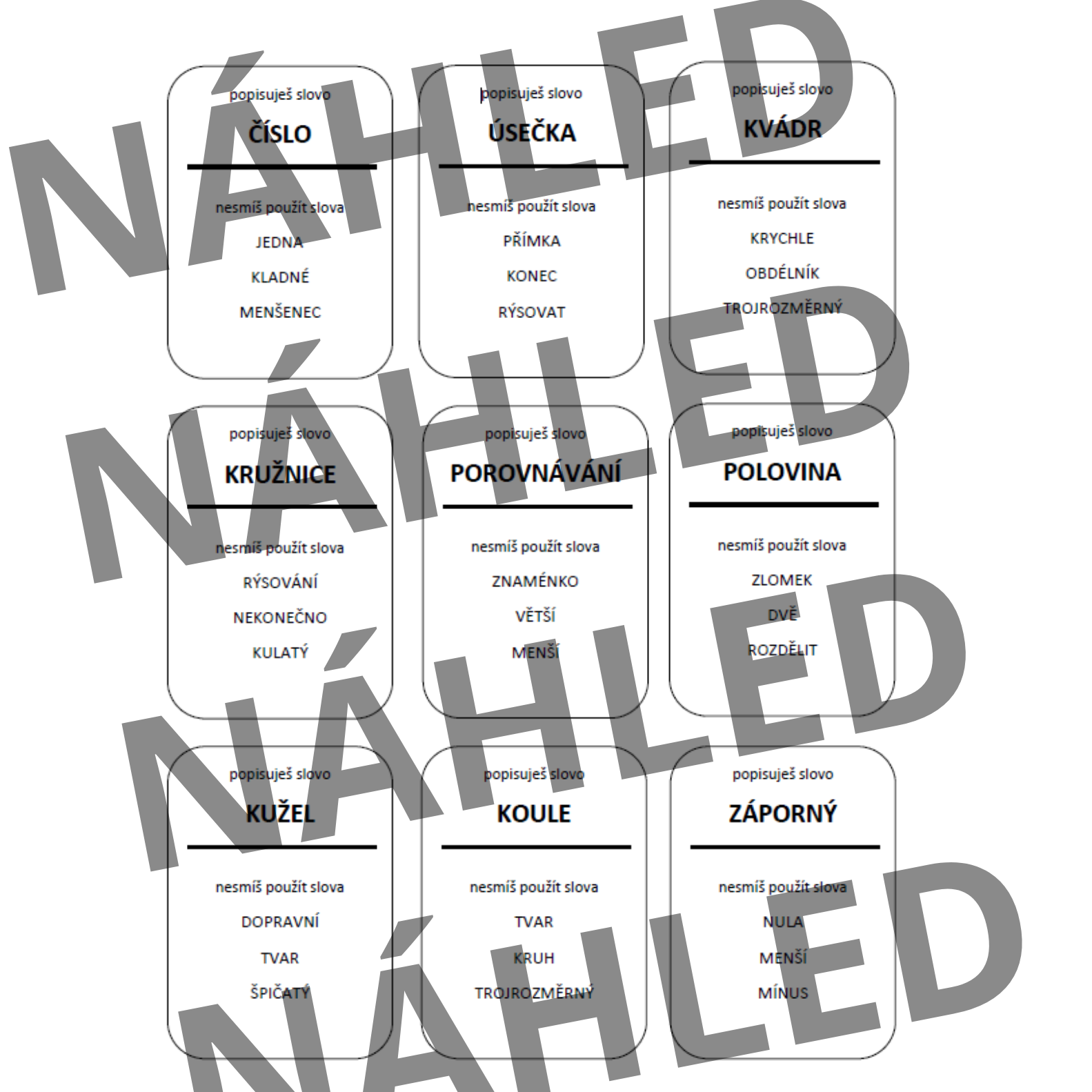 ZAKÁZANÁ SLOVA - matematika 5. ročník (hra na zopakování matematických ...