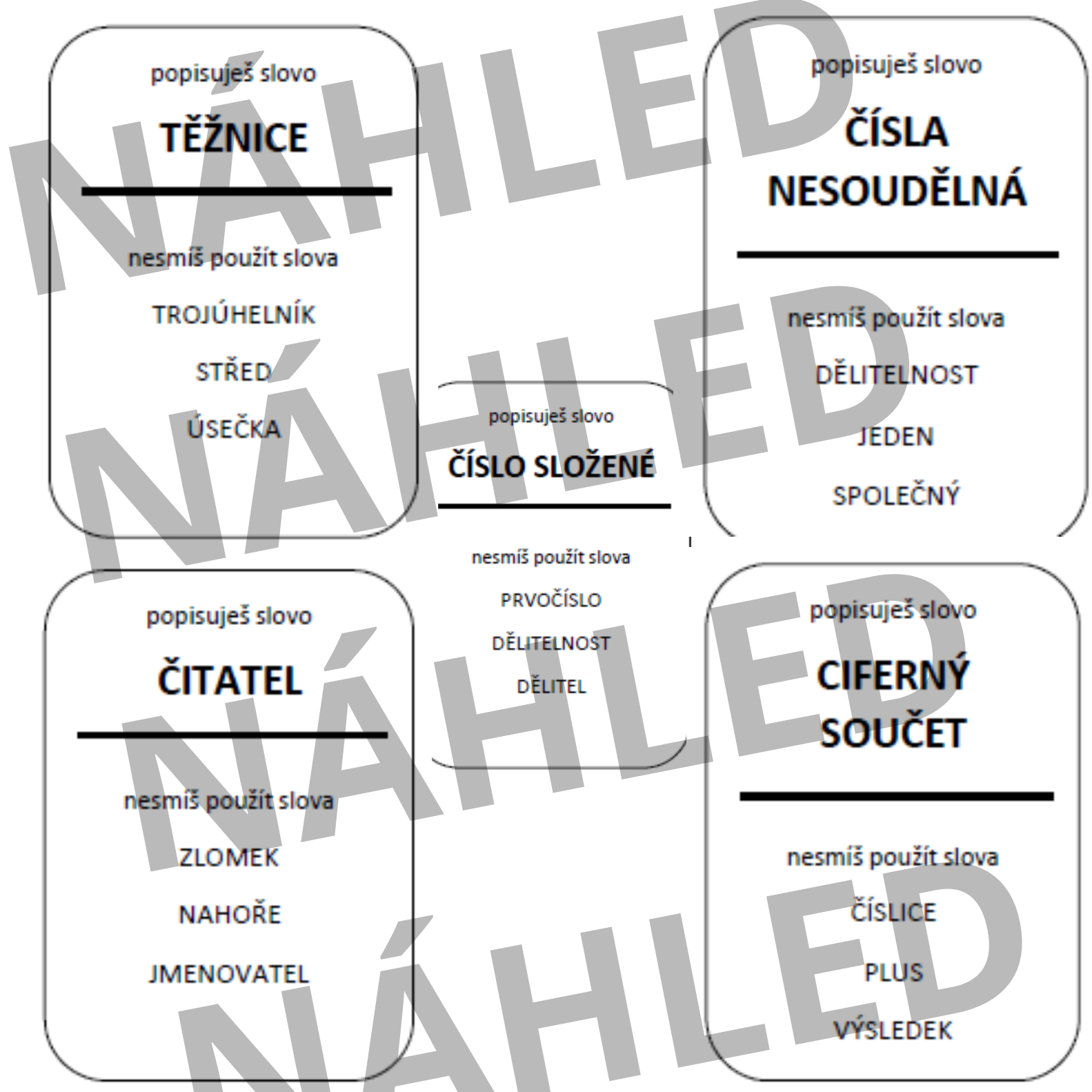 ZAKÁZANÁ SLOVA - matematika 6. ročník (hra na zopakování matematických ...