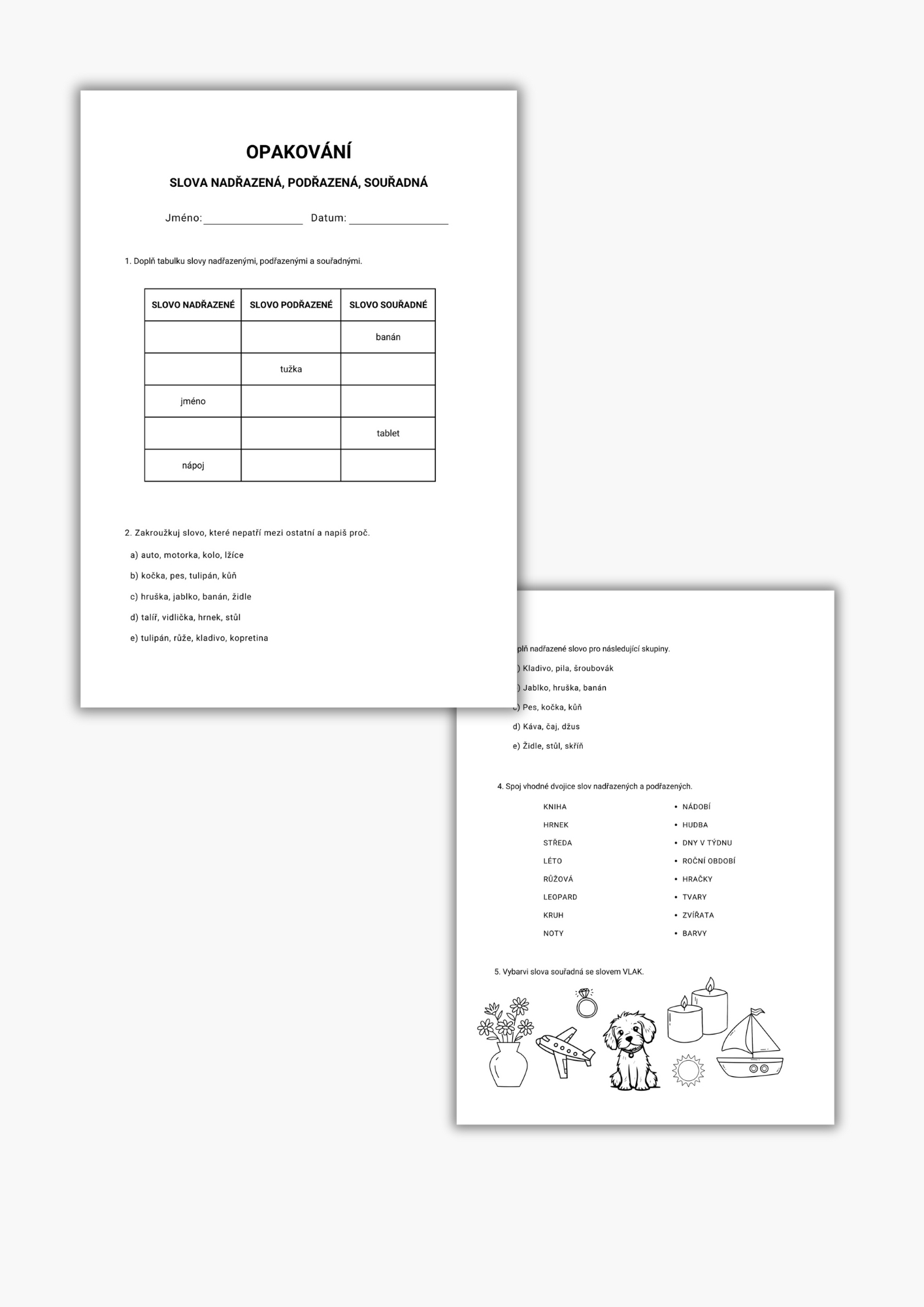Slova nadřazená, slova podřazená, slova souřadná - pracovní listy ...