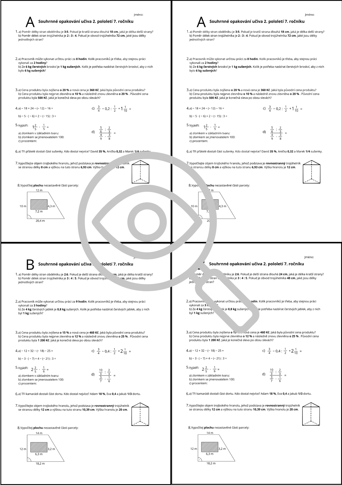 MATEMATIKA: Pololetní písemná práce pro 7. ročník - verze A, B ...