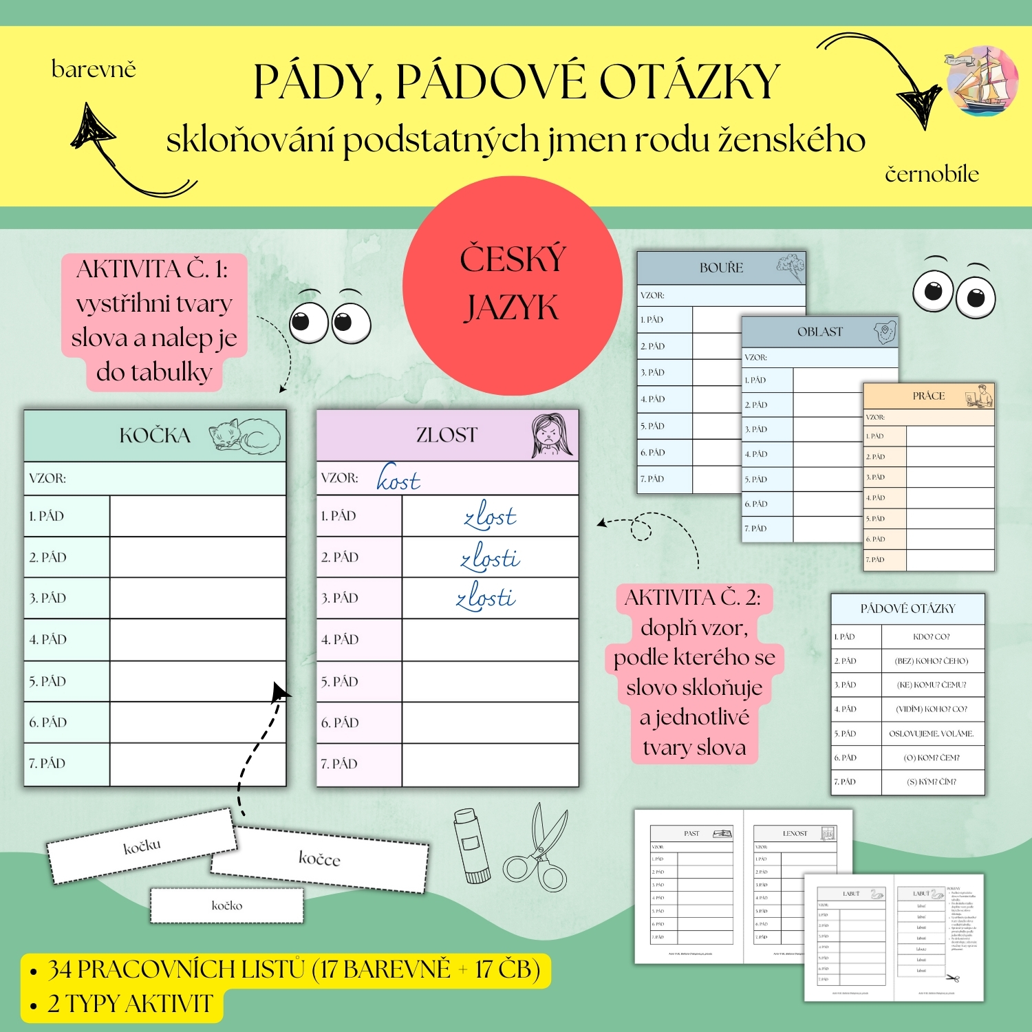 Skloňování podstatných jmen pracovní listy - výhodný balíček - Český ...