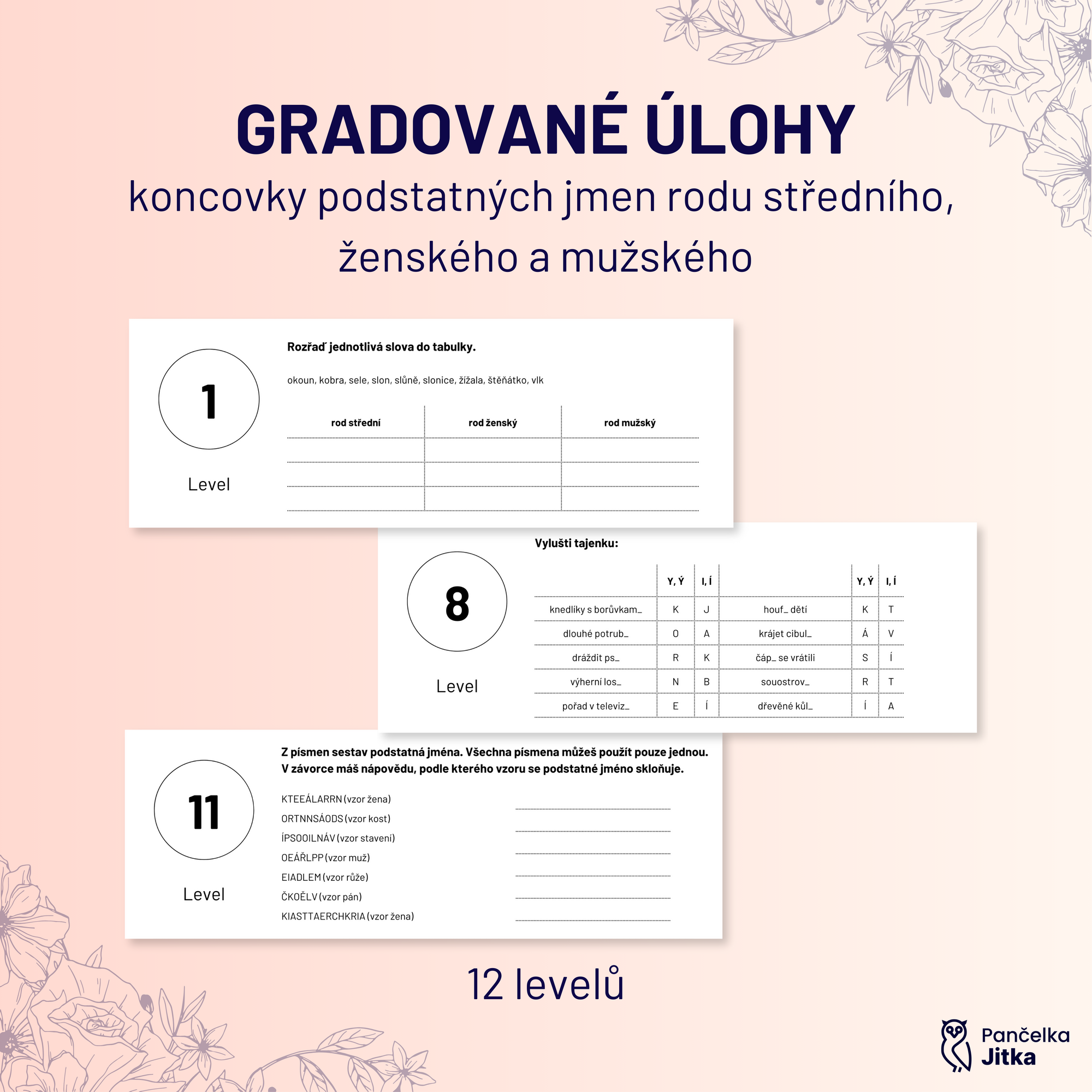 Gradované úlohy - koncovky podstatných jmen rodu středního, ženského a ...
