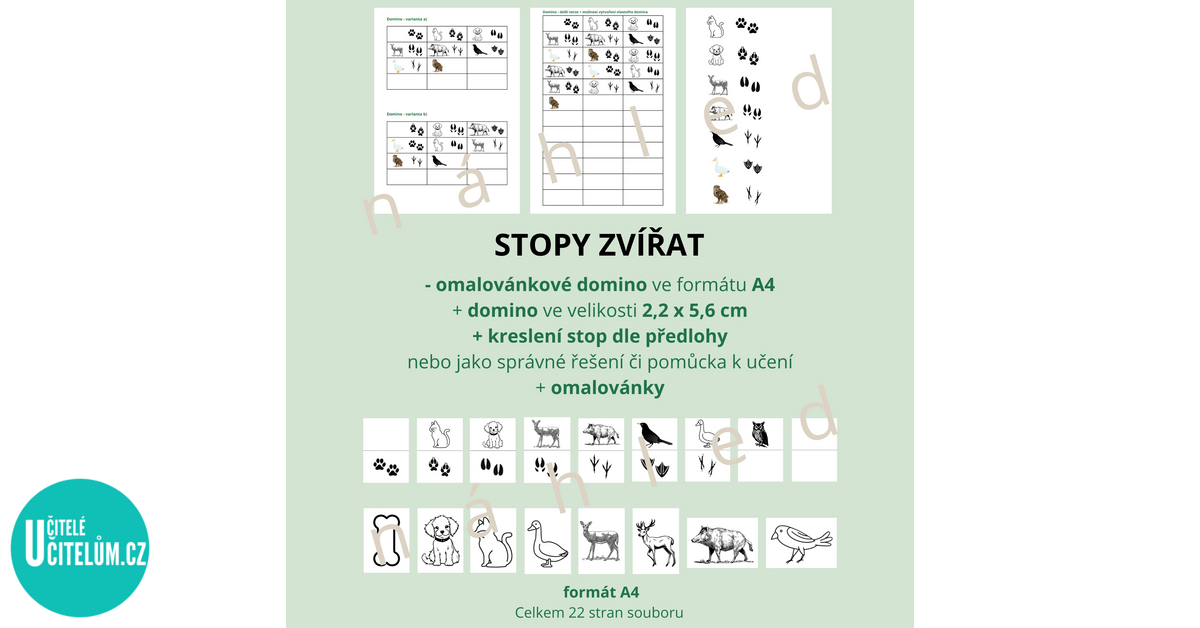 Stopy zvířat - omalovánkové domino (A4 + 2,2 x 5,6 cm), kreslení dle ...