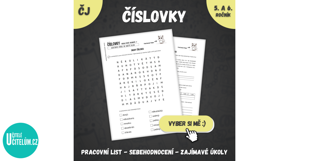 Číslovky: osmisměrka, pracovní list, sebehodnocení (č. 2) - Český jazyk ...