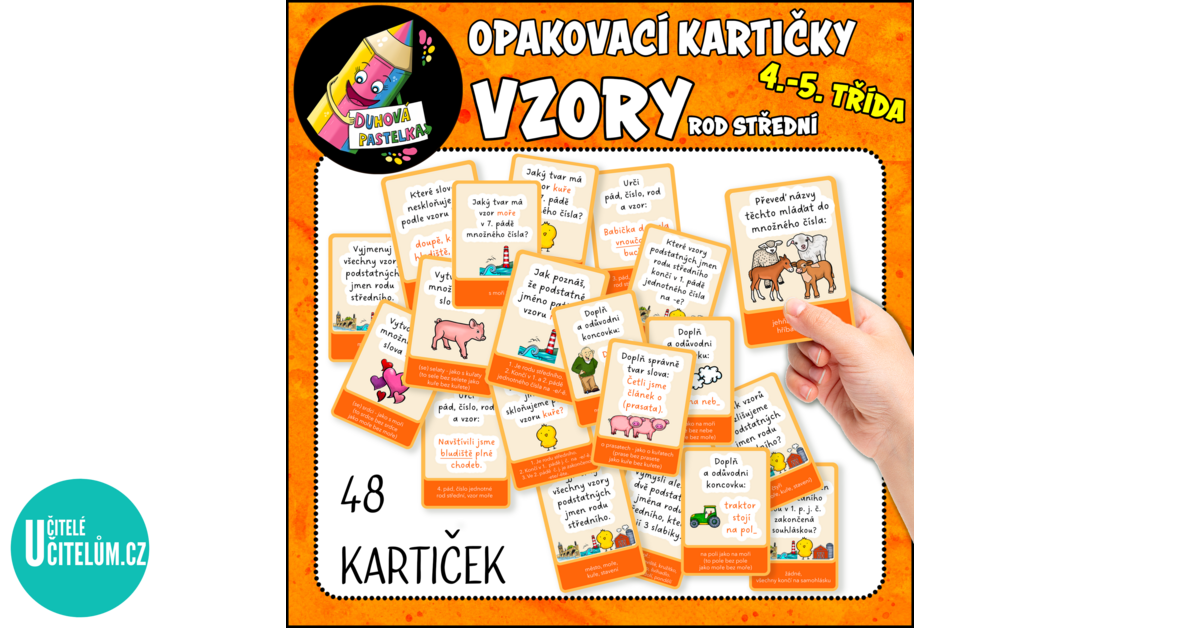 VZORY PODSTATNÝCH JMEN - opakovací kartičky - rod střední - Český jazyk ...