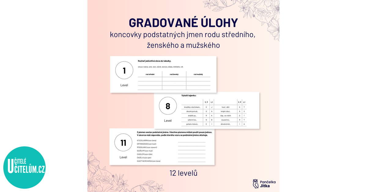 Gradované úlohy - koncovky podstatných jmen rodu středního, ženského a ...