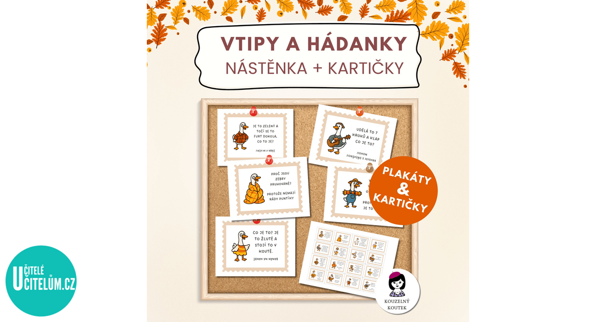 Vtipy a hádanky - kartičky, na nástěnku, výzdoba třídy, podzim, husa ...