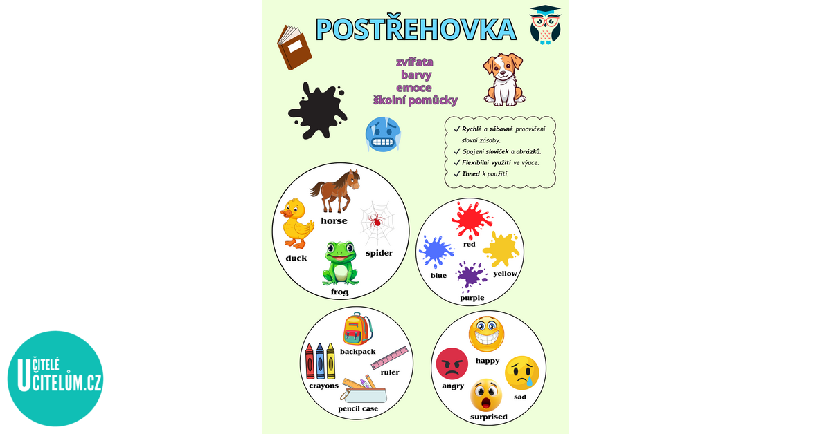 Postřehovka: zvířata, barvy, školní pomůcky, emoce - Anglický jazyk ...