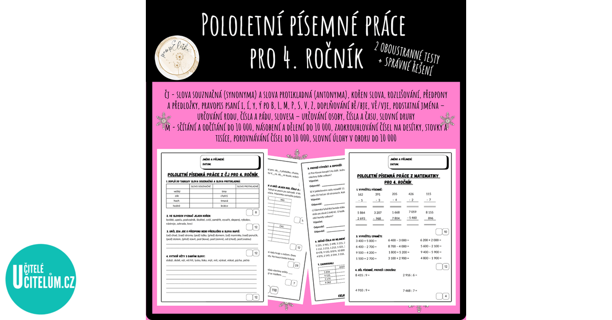 Pololetní písemné práce pro 4. ročník - Český jazyk | UčiteléUčitelům.cz